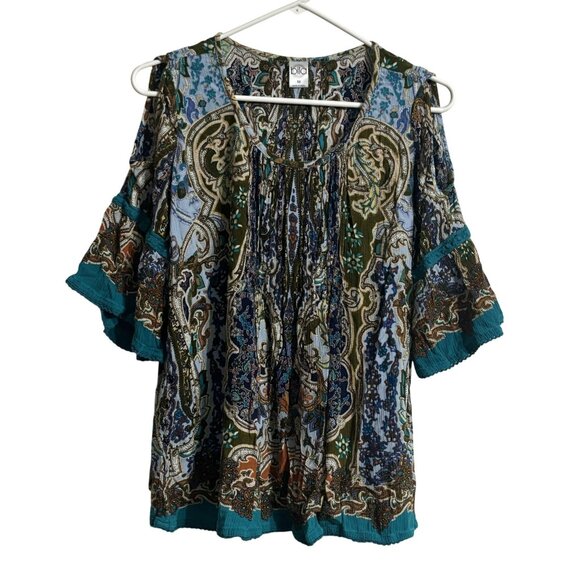 Bila | Tops | Bila Blue Boho Blouse Bell 34 Sleeve Cold Shoulder Dress ...